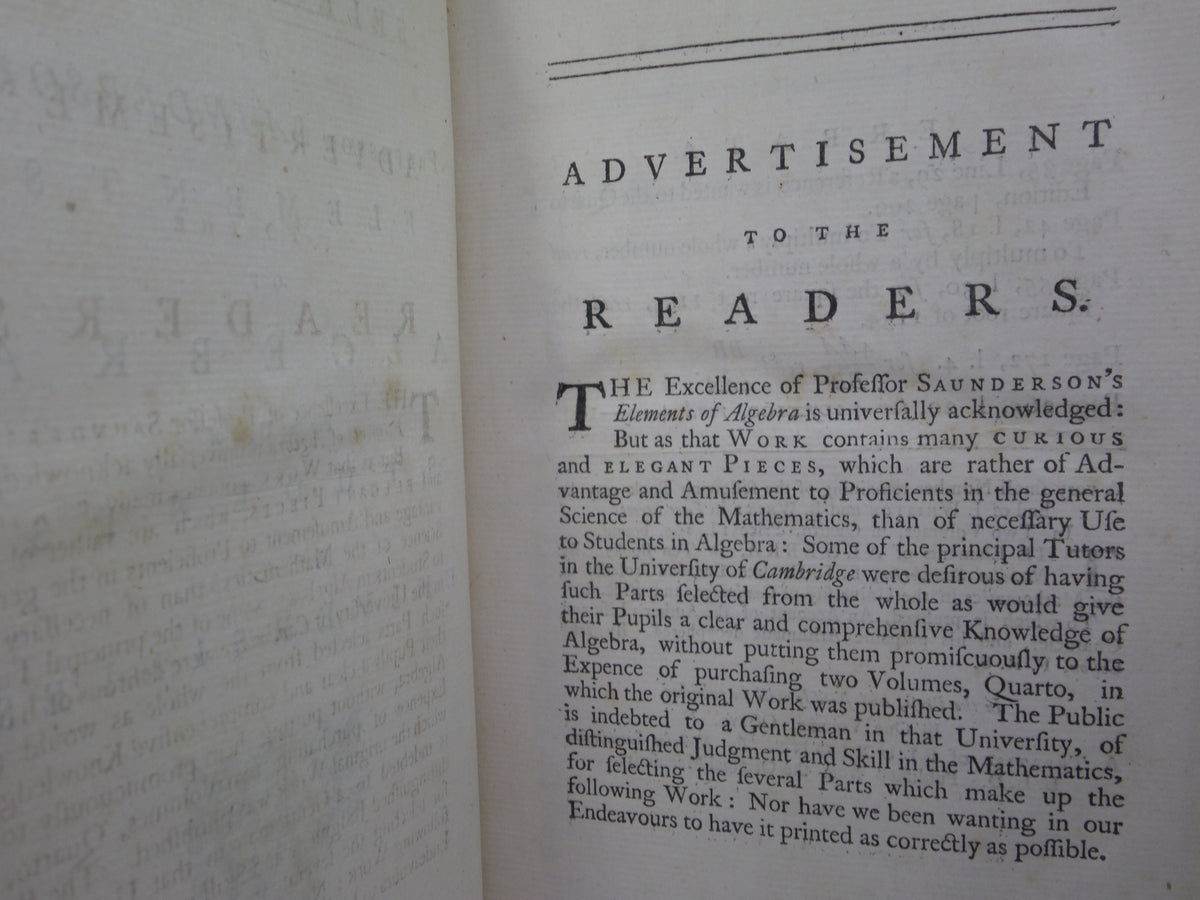SELECT PARTS OF PROFESSOR SAUNDERSON'S ELEMENTS OF ALGEBRA 1756 FIRST ...