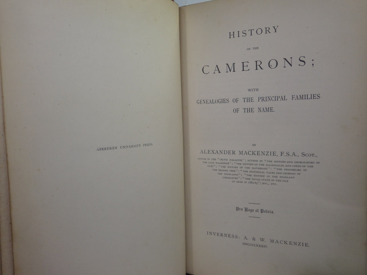 HISTORY OF THE CAMERONS BY ALEXANDER MACKENZIE 1884 LEATHER-BOUND FIRS ...