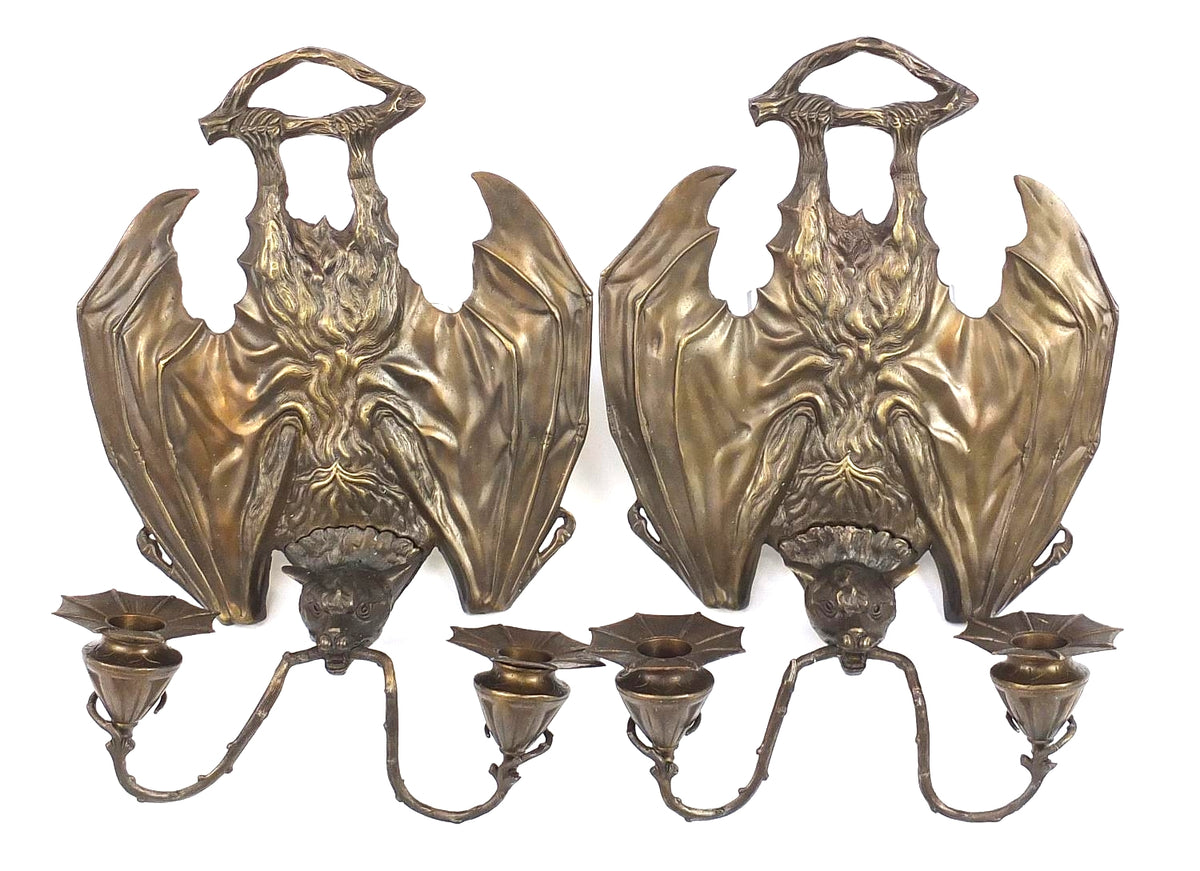 PAIR OF ANTIQUE BRONZE GOTHIC BAT WALL SCONCES – MFR Rare Books