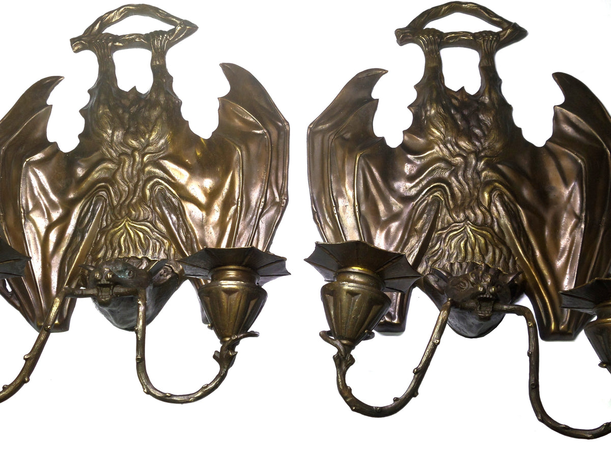 RARE SET OF THREE ANTIQUE BRONZE GOTHIC BAT WALL SCONCES – MFR Rare Books