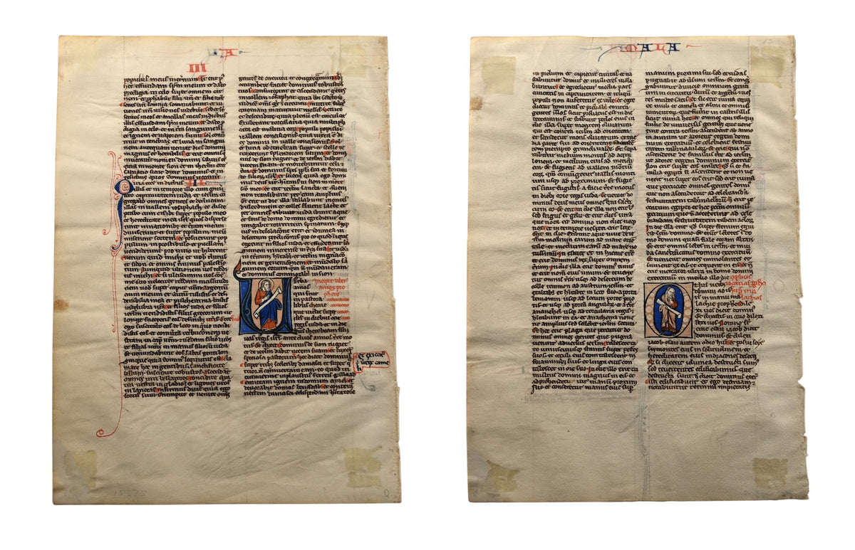 TWO 13TH CENTURY ILLUMINATED MANUSCRIPT BIBLE LEAVES BY A FRENCH ILLUM ...