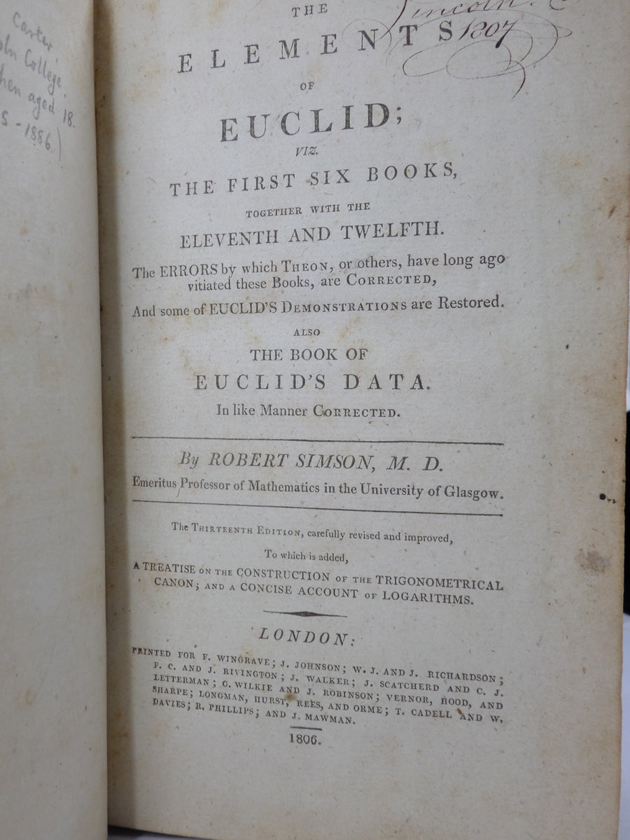 THE ELEMENTS OF EUCLID BY ROBERT SIMSON 1806 LEATHER BINDING – MFR Rare ...