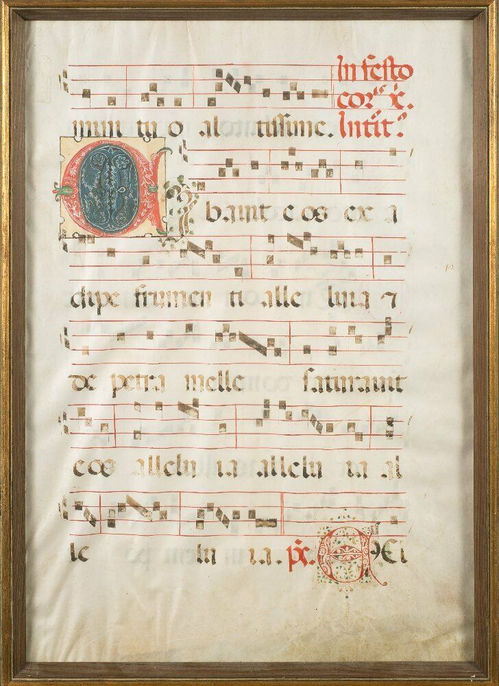 LARGE 15TH CENTURY ILLUMINATED MANUSCRIPT ANTIPHONAL LEAF, Framed & Gl ...